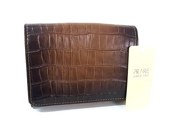 ■新品■未使用■ PRARE プレリー クロコダイル型押しレザー 二つ折り 長財布 ウォレット 札入れ カード入れ ブラウン系 BK7688