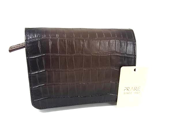 ■新品■未使用■ PRARE プレリー クロコダイル型押しレザー 二つ折り 財布 ウォレット 札入れ 小銭入れ ダークブラウン系 BK9574