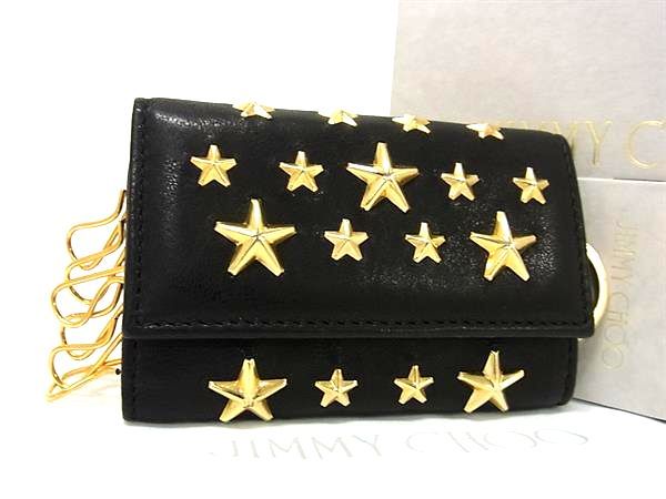■美品■ JIMMY CHOO ジミーチュウ  NEPTUNE レザー スタースタッズ キーリング付き 6連 キーケース 鍵入れ ブラック系 BM0460