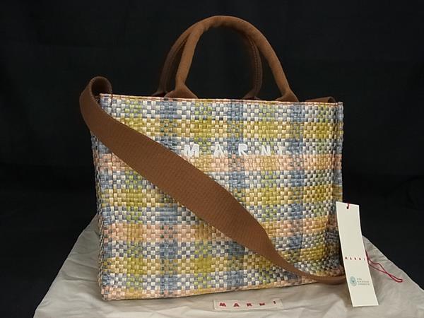 ■新品■未使用■ MARNI マルニ ストロー×キャンバス 2WAY ハンドバッグ トート ショルダー 肩掛け ブラウン系×マルチカラー BM5525