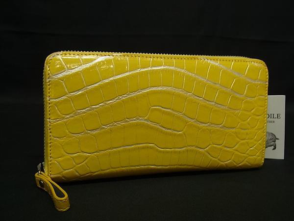 ■極上■本物■極美品■ クロコダイル 目地染め ラウンドファスナー 長財布 札入れ 小銭入れ レディース イエロー系 BM7527