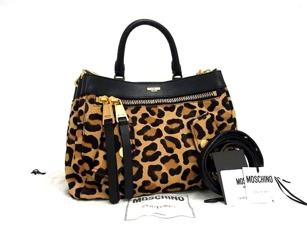 ■極美品■ MOSCHINO モスキーノ ハラコ×レザー レオパード 豹柄 ハンドバッグ ショルダーバッグ ブラウン系×ブラック系 BM9266