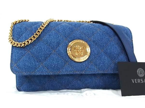 ■新品同様■ VERSACE ヴェルサーチ メデューサ デニム チェーン ショルダーバッグ クロスボディ  ブルー系×ゴールド系 BN1591