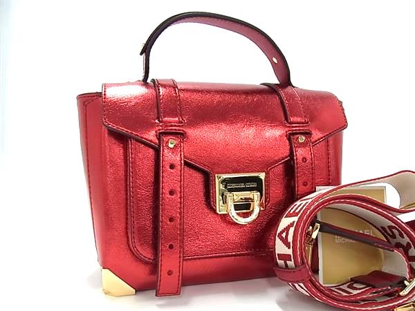 ■新品同様■ MICHAEL KORS マイケルコース レザー 2WAY ハンドバッグ ショルダー クロスボディ メタリック レッド系 BN2177