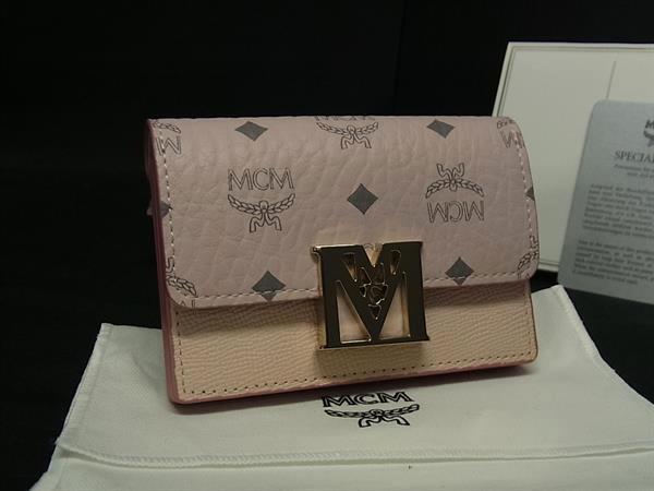 ■極美品■ MCM エムシーエム メーナ ヴィセトス柄 レザー 二つ折り 財布 ウォレット 小銭入れ カード入れ ライトピンク系 BN5370