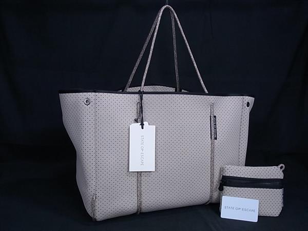 ■新品同様■ STATE OF ESCAPE ステートオブエスケープ ネオプレン ポーチ付き トートバッグ ハンドバッグ ライトベージュ系 BN6830