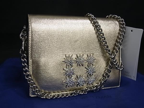 ■極美品■ Stuart Weitzman スチュアート ワイツマン レザー ラインストーン クロスボディ ショルダーバッグ ゴールド系 BP1086