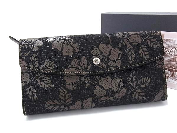 ■新品同様■ INDEN-YA 印傳屋 インデンヤ アデヤ 鹿革 漆塗り 花柄 三つ折り 長財布 ウォレット  レディース ブラック系 BP1132
