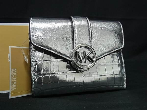 ■新品同様■ MICHAEL KORS マイケルコース パテントレザー クロコダイル型押し 三つ折り 財布 ウォレット シルバー系 BP1162