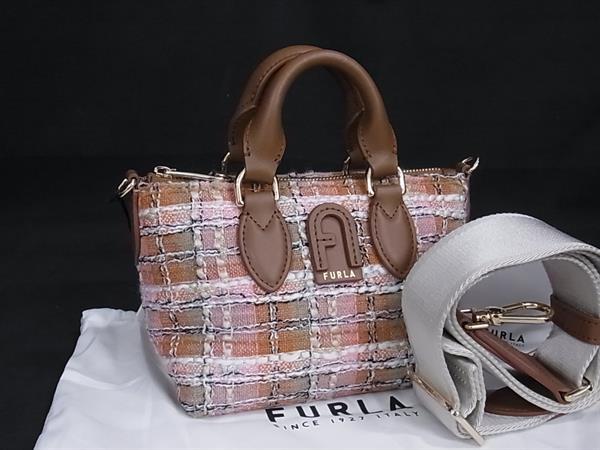 ■新品■未使用■ FURLA フルラ カリプソ ミニ ツイード×レザー 2WAY ハンドバッグ ショルダー オレンジ系×ブラウン系 BP1500