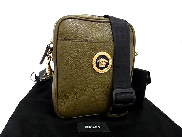 ■新品同様■ VERSACE ヴェルサーチ メデューサ レザー クロスボディ ショルダーバッグ 斜め掛け メンズ レディース カーキ系 BP2406