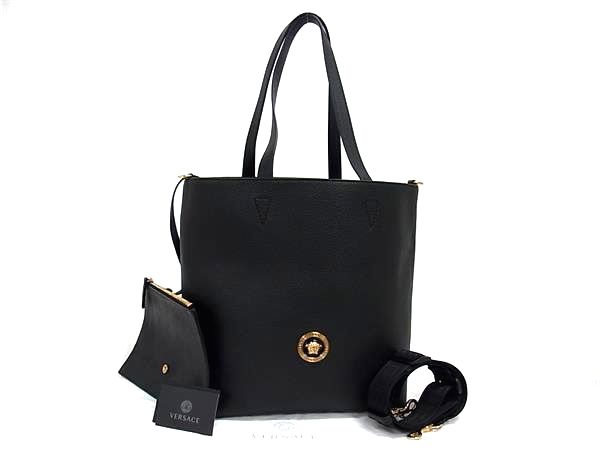 ■新品■未使用■ VERSACE ヴェルサーチ メデューサ レザー ポーチ付き 2WAY トートバッグ ショルダー 斜め掛け ブラック系 BP2408