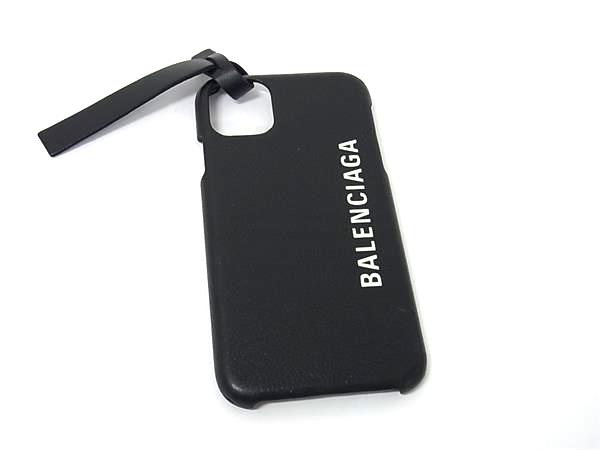 ■美品■ BALENCIAGA バレンシアガ 618389 レザー iPhone11対応 アイフォンケース スマホケース メンズ レディース ブラック系 BS0462