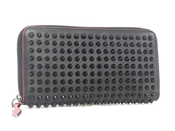 ■美品■Christian Louboutin ルブタン パネトーネ スパイクスタッズ レザー ラウンドファスナー 長財布 ウォレット ブラック系 DB2995