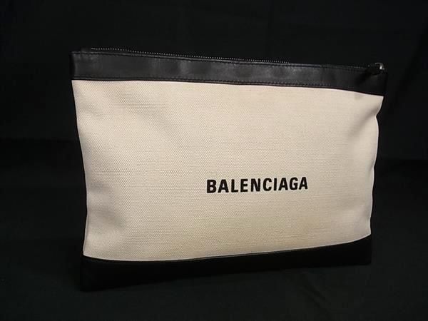 ■極美品■ BALENCIAGA バレンシアガ 373834 ネイビークリップM キャンバス クラッチバッグ セカンドバッグ ベージュ系 FA1315