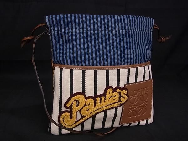 ■極美品■ LOEWE ロエベ パウラズイビザ アナグラム キャンバス ストライプ ショルダーバッグ クロスボディ アイボリー系 FA3642