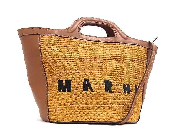 ■極美品■ MARNIマルニ トロピカリア ラフィア×レザー 2WAY ハンドバッグ ショルダー レディース ブラウン系 FC0146