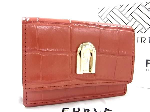 ■新品■未使用■ FURLA フルラ 1927 クロコダイル型押しレザー 三つ折り 財布 ウォレット 札入れ 小銭入れ オレンジ系 FE3165