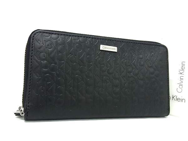 ■新品同様■   カルバンクライン レザー 総柄 ラウンドファスナー 長財布 ウォレット 小銭入れ ブラック系 FE3224