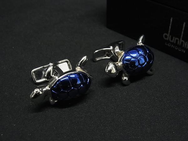 ■極美品■ dunhill ダンヒル SV925 タートル 亀 カフスボタン カフスリンクス アクセサリー メンズ シルバー系×ブルー系 FF1046