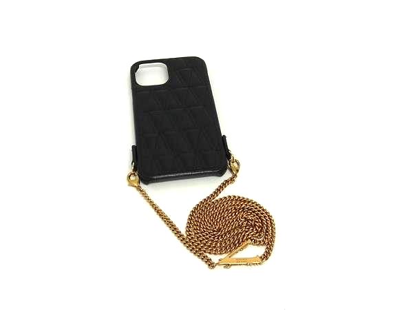 ■極美品■ VERSACE ヴェルサーチ レザー チェーン ショルダー付き iPhone12対応 アイフォンケース スマホケース ブラック系 FG3868
