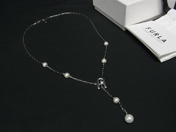 ■極美品■ FURLA フルラ アーチ パール ラインストーン ネックレス アクセサリー レディース シルバー系 FG4735