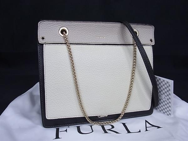 ■新品同様■ FURLA フルラ ライク レザー チェーン ショルダーバッグ 斜め掛け 肩掛け レディース アイボリー系×ブラック系 FG8806