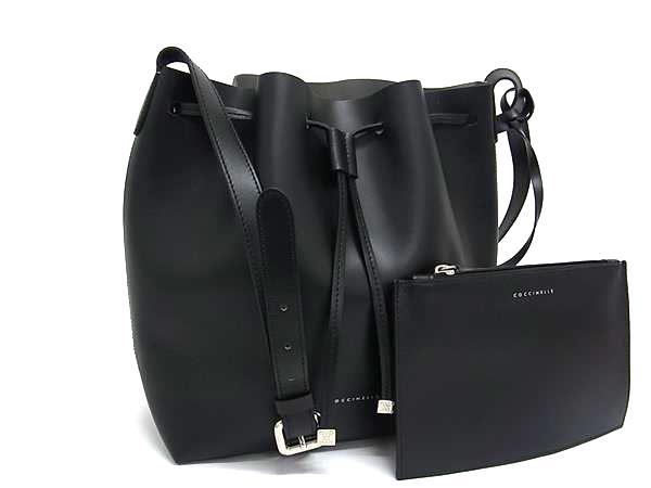 ■新品同様■ COCCINELLE コチネレ レザー ポーチ付き 巾着型 クロスボディ ショルダーバッグ 斜め掛けかばん ブラック系 FG9016