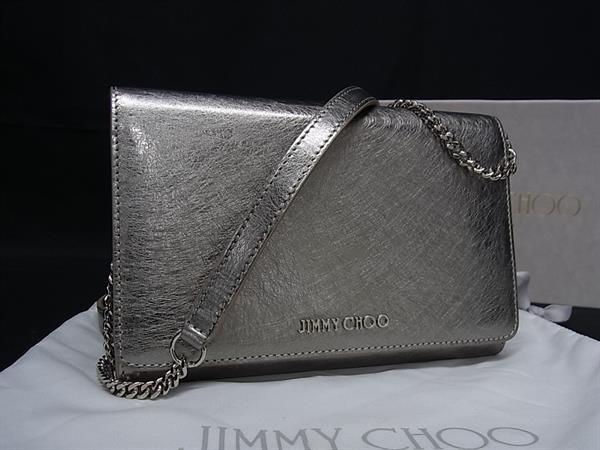 ■新品同様■ JIMMY CHOO ジミーチュウ レザー ショルダーウォレット 長財布 レディース シルバー系 FG9062