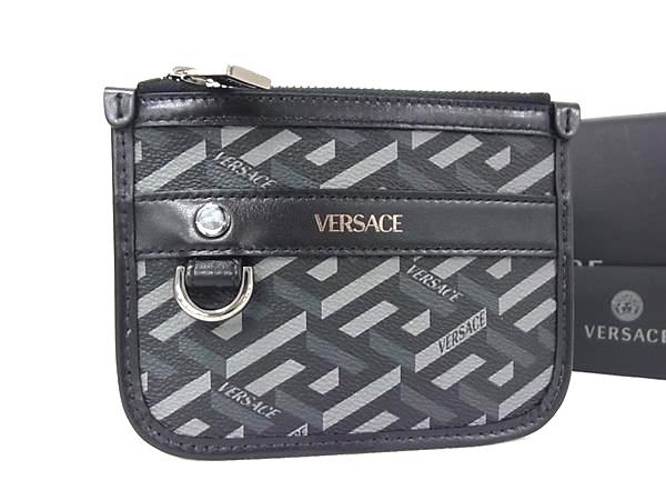 ■新品同様■ VERSACE ヴェルサーチ ラ グレカ シグネチャー PVC×レザー ポーチ マルチケース 小物入れ メンズ ブラック系 FH4795