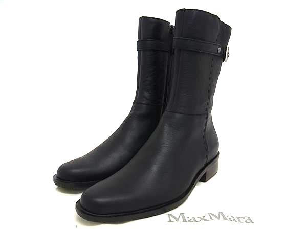 ■新品■未使用■ Max Mara マックスマーラ レザー ショートブーツ 表記サイズ 37 1/2 (約24.5cm) 靴 シューズ ブラック系 FH8710