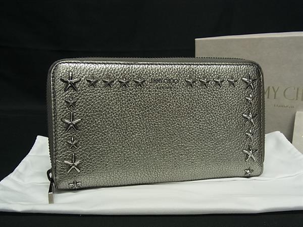 ■極美品■ JIMMY CHOO ジミーチュウ ピッパ スタースタッズ レザー ラウンドファスナー 長財布 ウォレット シルバー系 FH8753