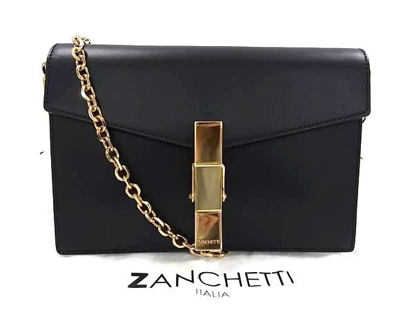 ■美品■ ZANCHETTI ザンケッティ レザー 2WAY チェーン ショルダーバッグ クラッチバッグ 斜め掛け レディーズ ブラック系 FI8961