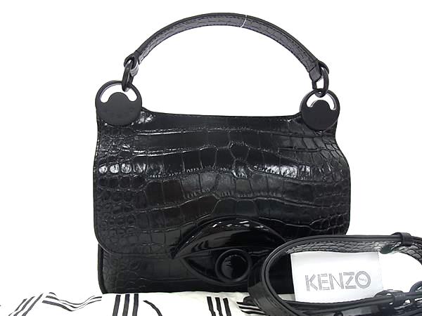 ■新品同様■ KENZO ケンゾー タリ クロコダイル型押しレザー 2WAY ショルダー ハンドバッグ レディース ブラック系 FI9262