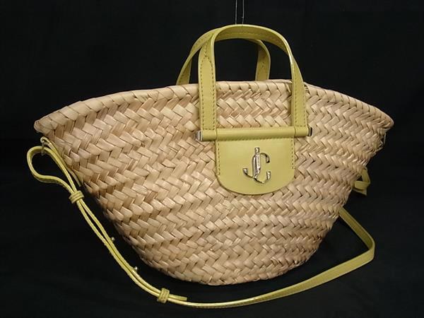 ■新品■未使用■ JIMMY CHOO ジミーチュウ MACY ストロー×レザー 2WAY クロスボディ ショルダー ハンドバッグ かごバッグ FJ0212