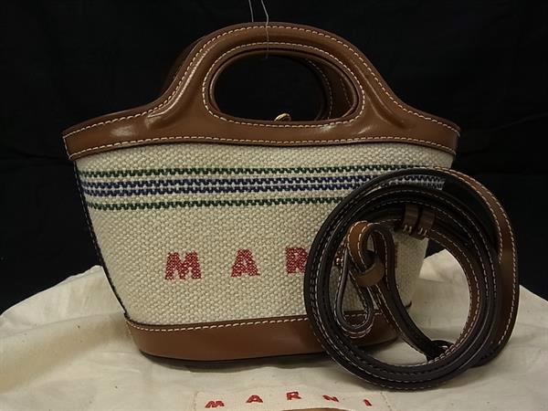 ■極美品■ MARNI マルニ トロピカリア キャンバス×レザー 2WAY ショルダーバッグ ハンドバッグ レディース アイボリー系 FJ2795