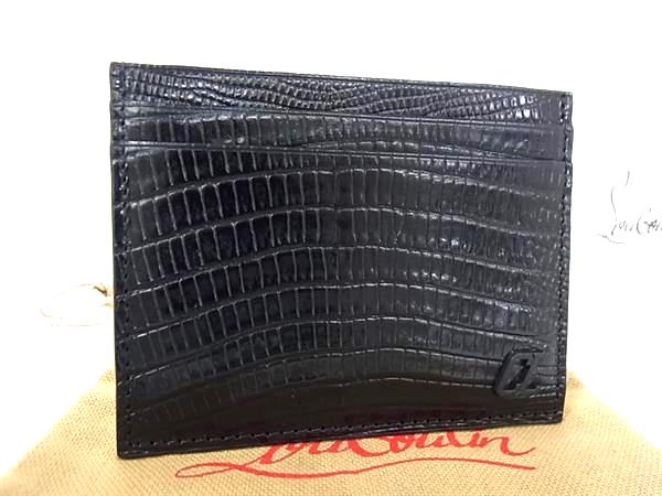 ■極美品■ Christian Louboutin クリスチャンルブタン リザード型押しレザー カードケース パスケース ブラック系 FJ3000
