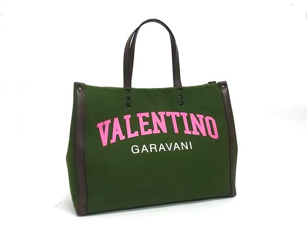 ■極美品■ VALENTINO GARAVANI ヴァレンティノ ガラヴァーニ キャンバス×レザー ハンドバッグ トート レディース グリーン系 FJ8130