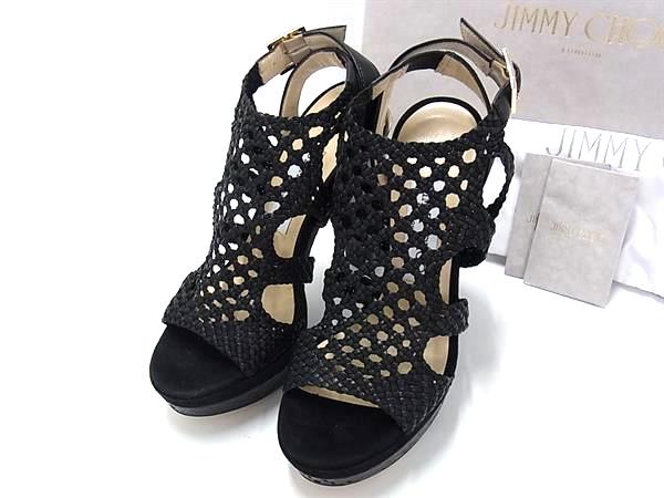 ■美品■ JIMMY CHOO ジミーチュウ TAYTUM レザー×パイソン サンダル ヒール サイズ 36(約23cm) 靴 シューズ ブラック系 FK6560