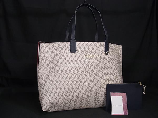 ■新品同様■   トミーヒルフィガー PVC×レザー リバーシブル トートバッグ ベージュ系×ネイビー系×レッド系 FL3298