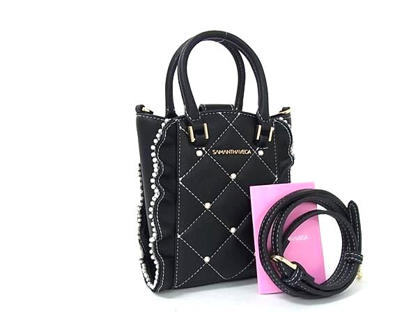 ■新品同様■ Samantha Vega サマンサベガ レザー ビーズ フリル 2WAY ハンドバッグ ショルダー クロスボディ ブラック系 FL6426