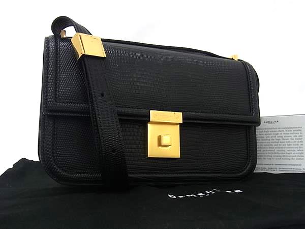 ■極美品■ DEMELLIER デメリエー リザード型押しレザー ショルダーバッグ クロスボディ レディース ブラック系 FL8687