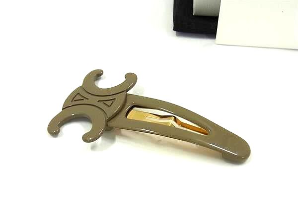 ■極美品■ CELINE セリーヌ トリオンフ ヘアピン ヘアクリップ ヘアアクセサリー レディース グレージュ系 FL9534