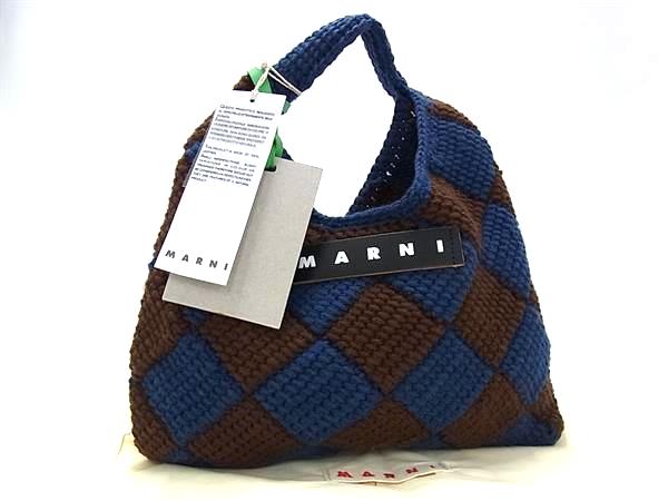 ■極美品■ MARNI マルニ マーケット ニット チェック柄 ハンドバッグ レディース ネイビー系×ブラウン系 FM0762