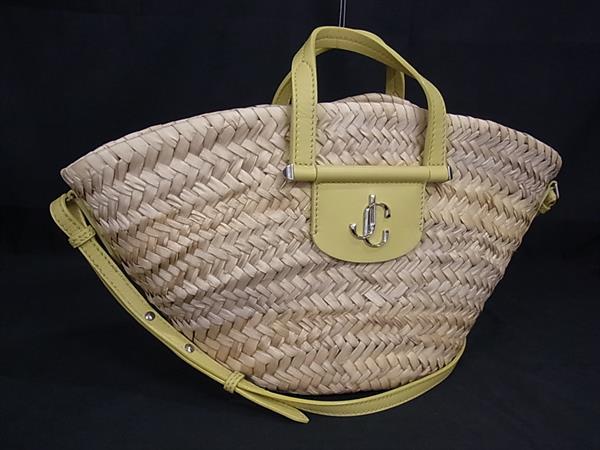 ■極美品■ JIMMY CHOO ジミーチュウ ヴァレンヌ ラフィア×レザー 2WAY トートバッグ ショルダー ベージュ系×イエロー系 FM1301