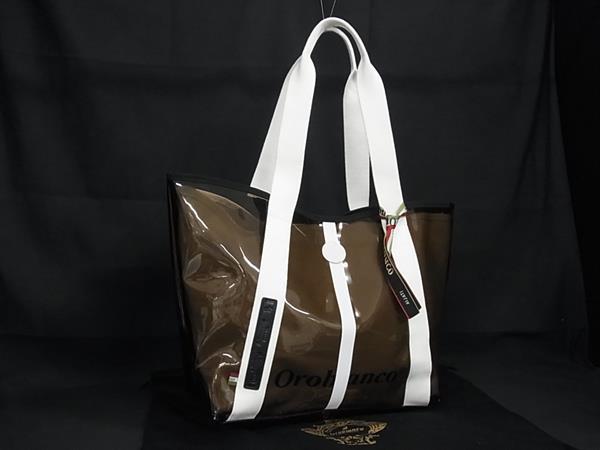 ■新品同様■ Orobianco オロビアンコ PVC×キャンバス トートバッグ ショルダー 肩掛け メンズ レディース クリアブラウン系 FM3529