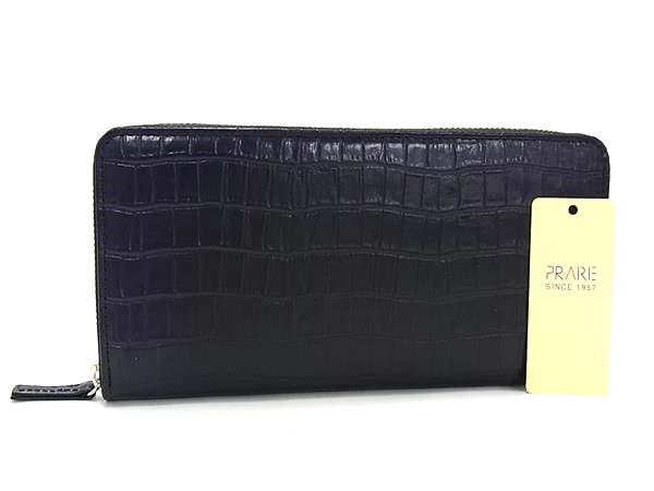 ■新品■未使用■ PRARE プレリー クロコダイル型押しレザー ラウンドファスナー 長財布 ウォレット 小銭入れ ネイビー系 FM4267