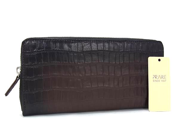 ■新品■未使用■ PRARE プレリー クロコダイル型押しレザー ラウンドファスナー 長財布 ウォレット 小銭入れ ブラウン系 FM4268