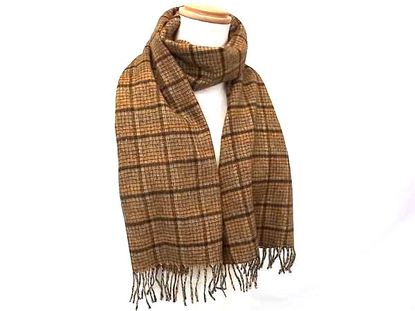 ■新品同様■ Johnstons of Elgin ジョンストンズ オブ エルガン カシミヤ×ウール チェック柄 フリンジ マフラー ブラウン系 FM4321