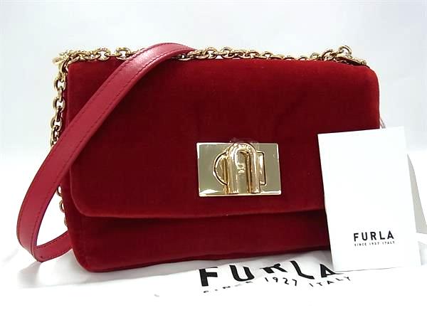 ■新品同様■ FURLA フルラ 1927 ミニ ベロア チェーン クロスボディ ショルダーバッグ ポシェット レディース レッド系 FM6228